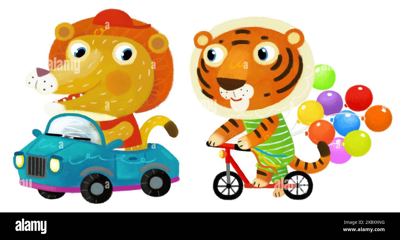 cartoon scene with happy little boy lion cat having fun driving car ...