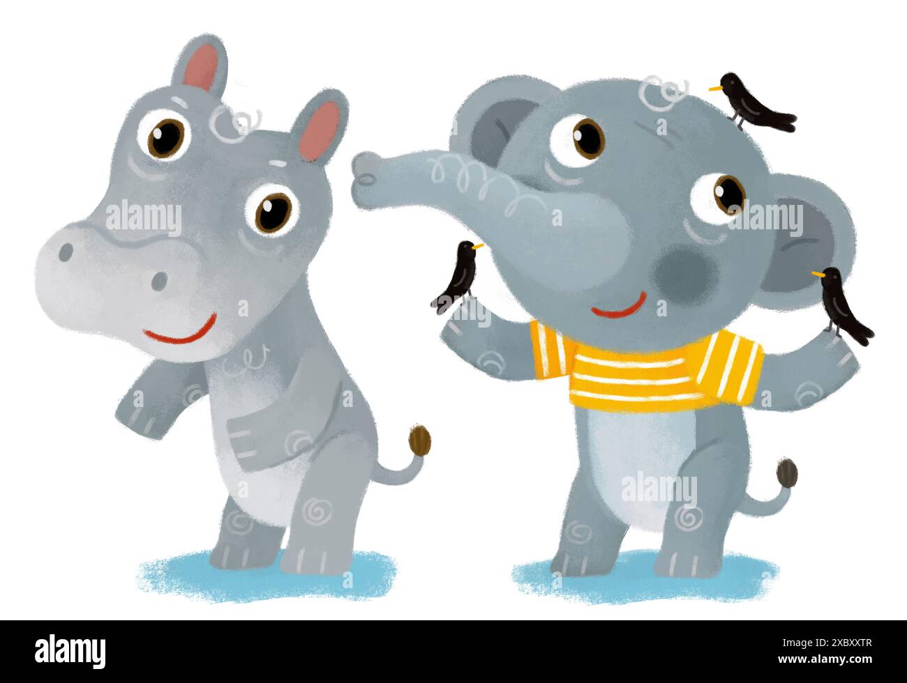 cartoon scene with happy and funny hippo hippopotamus and elephant ...