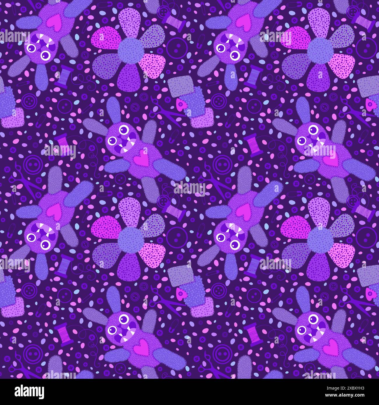 Cartoon sewing hobbies seamless rabbit toys and buttons and scissors ...