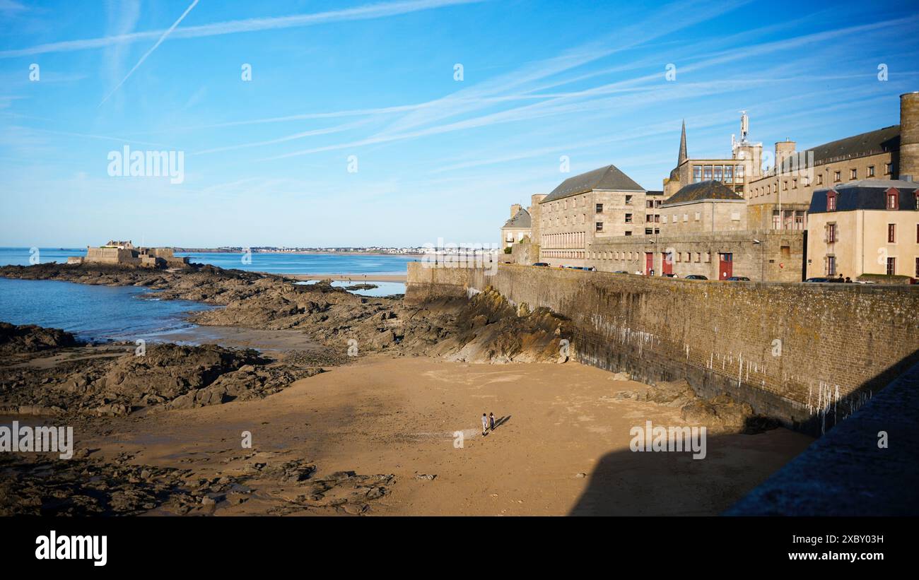 Sant Malo beach in sunny weather at low tide with beautiful blue sky ...