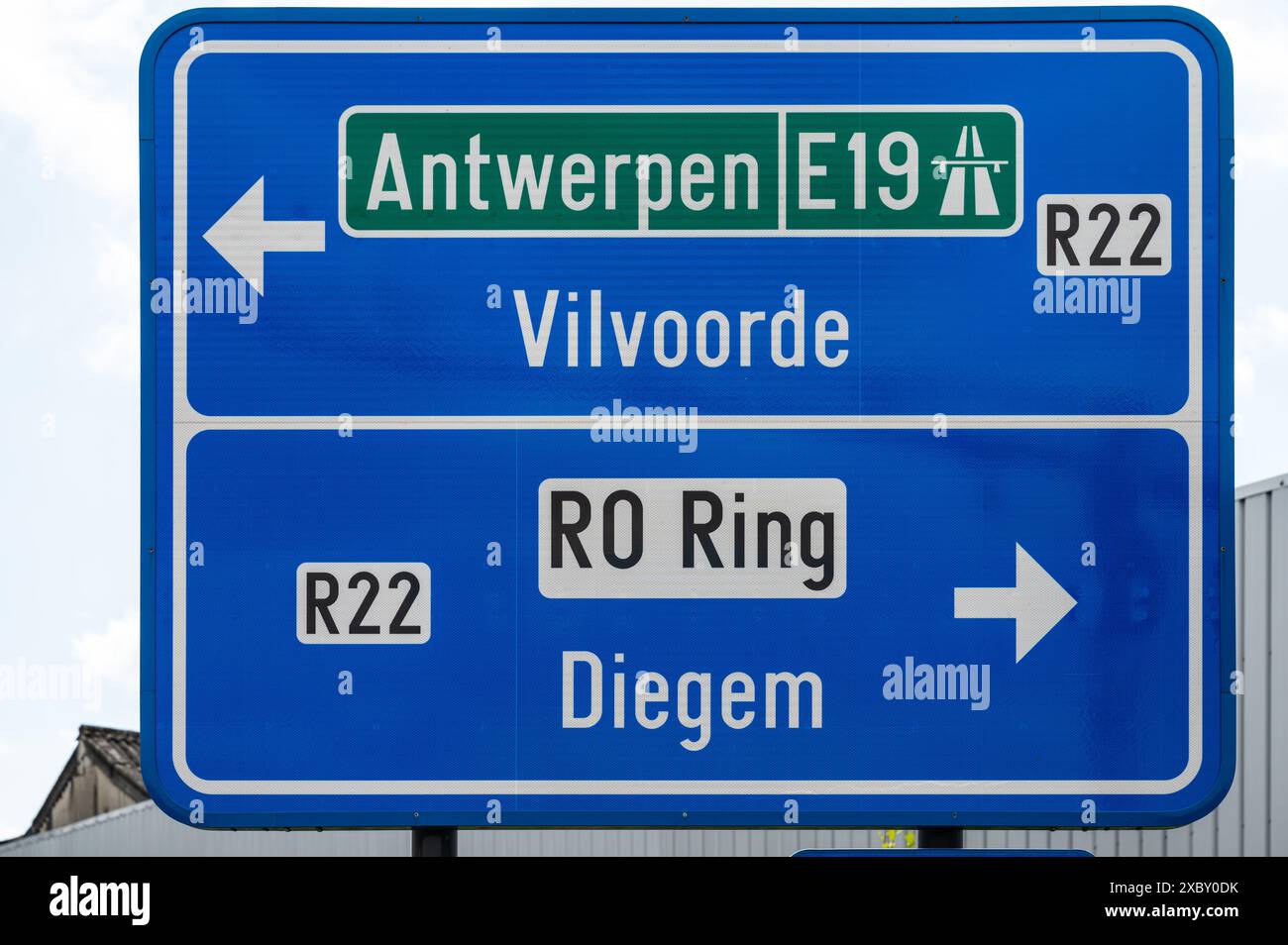 Machelen, Flanders, Belgium, June 8, 2024 - Road direction signs to the ...
