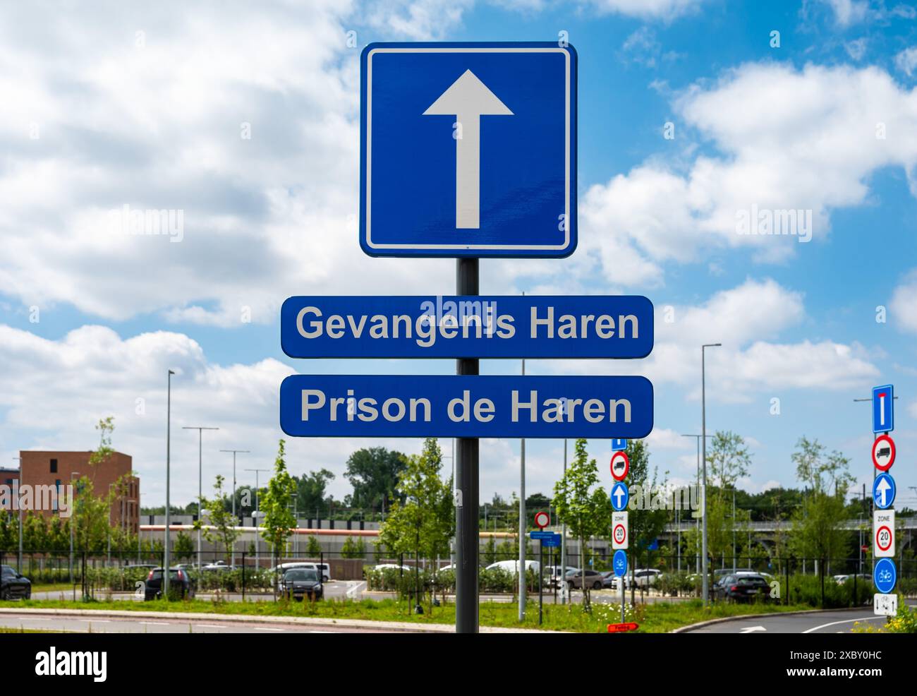 Haren, Flanders, Belgium - June 8, 2024 - Road sign to the the Prison ...