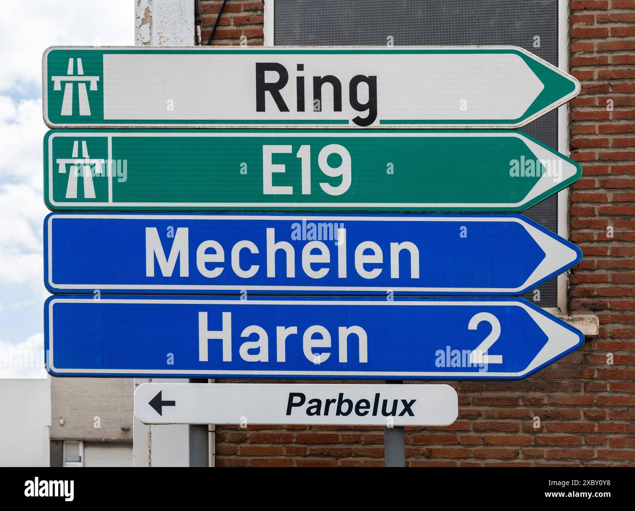 Machelen, Flanders, Belgium, June 8, 2024 - Road signs to the Ring and ...