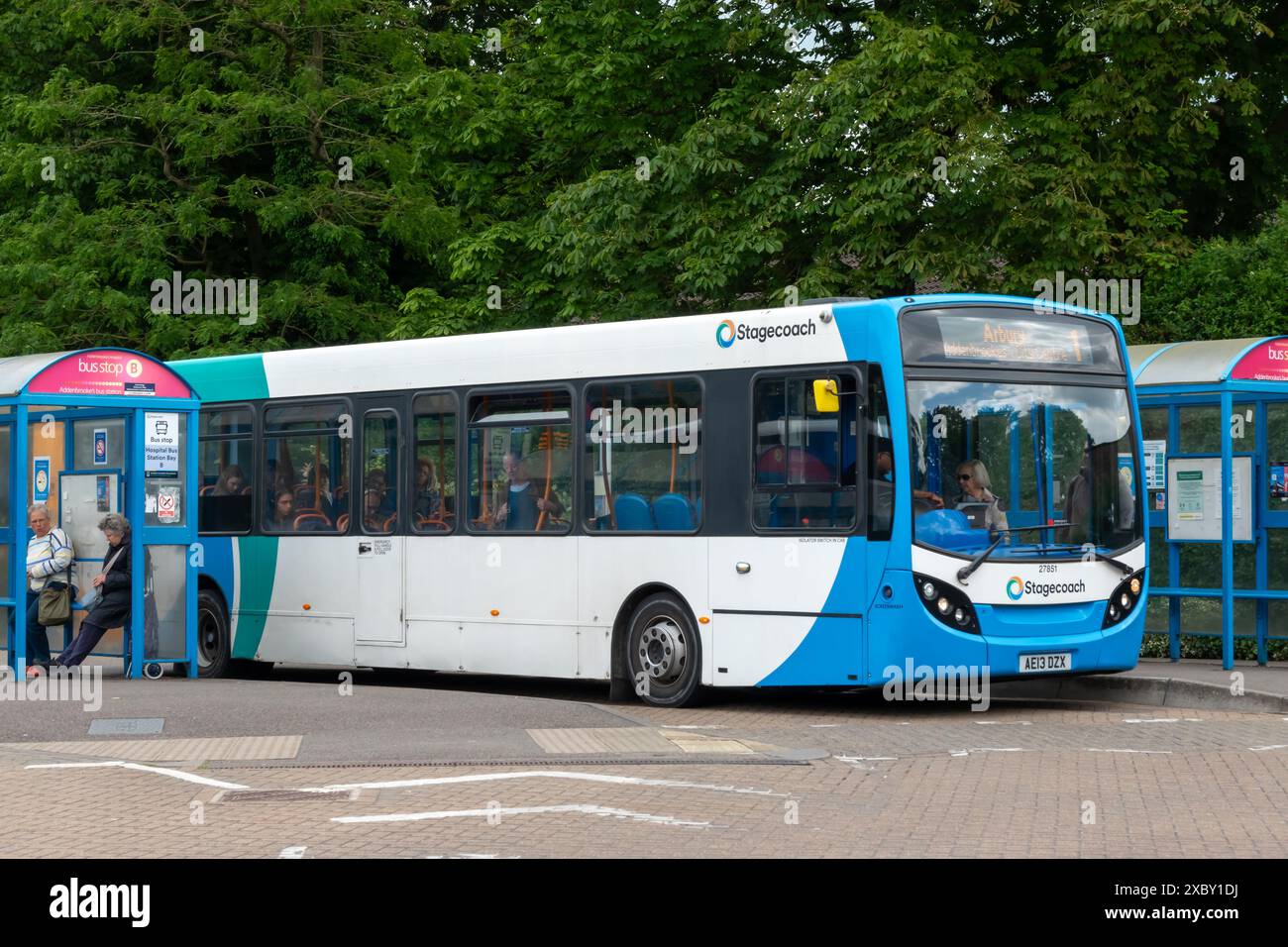 A Stagecoach bus with passengers a seated and boarding at Addenbrookes ...