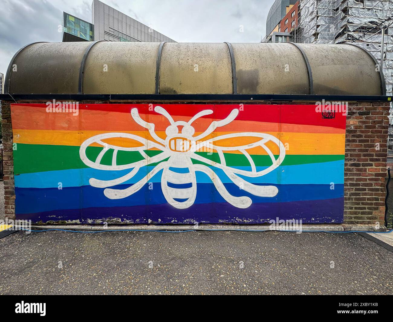 Manchester Bee on Pride Rainbow background in the City Centre Stock ...