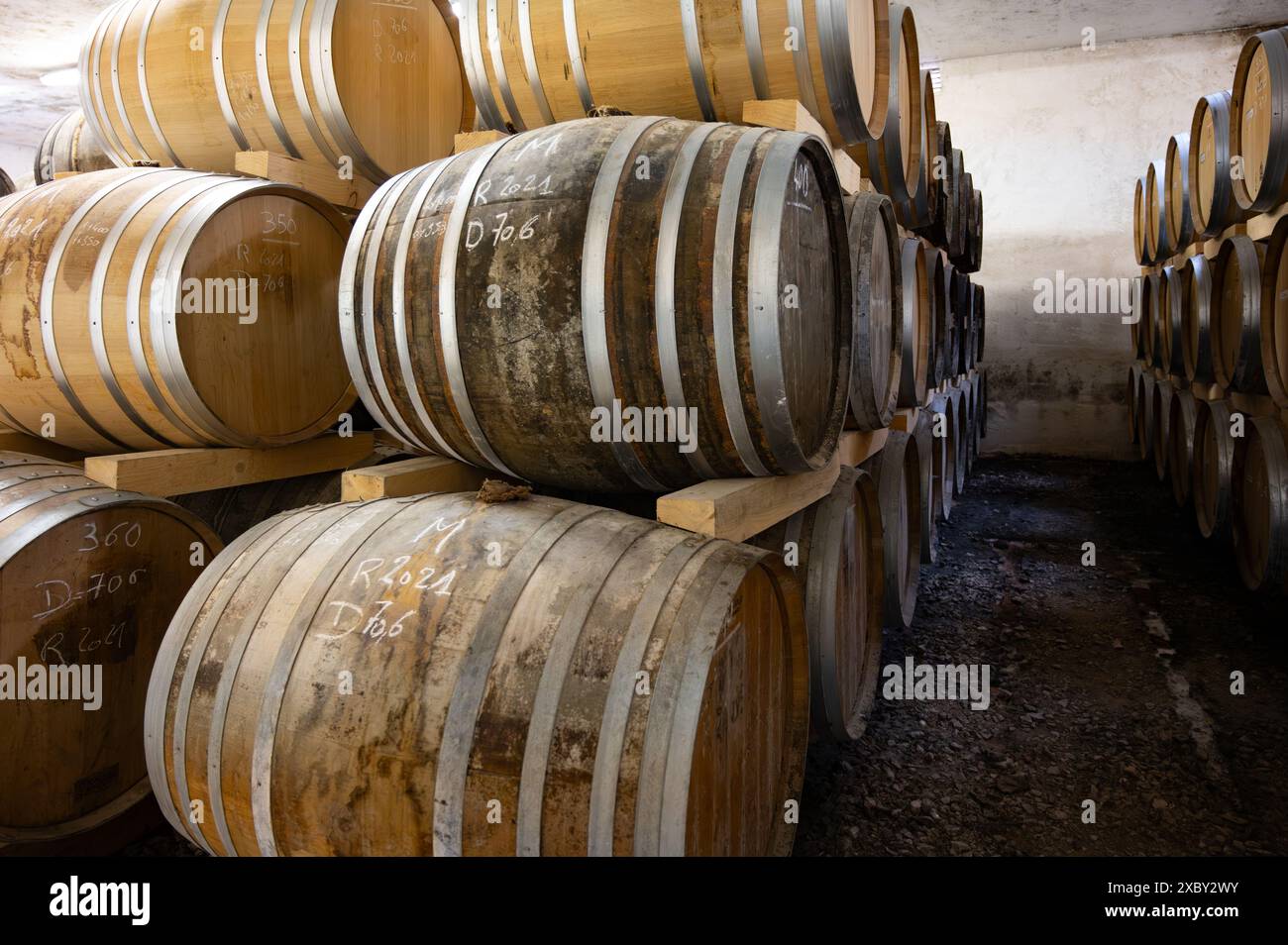 Aging process of cognac spirit in old dark French oak barrels in cool ...