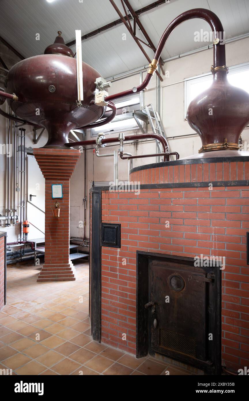 Double distillation process of cognac spirits in Charentias copper ...