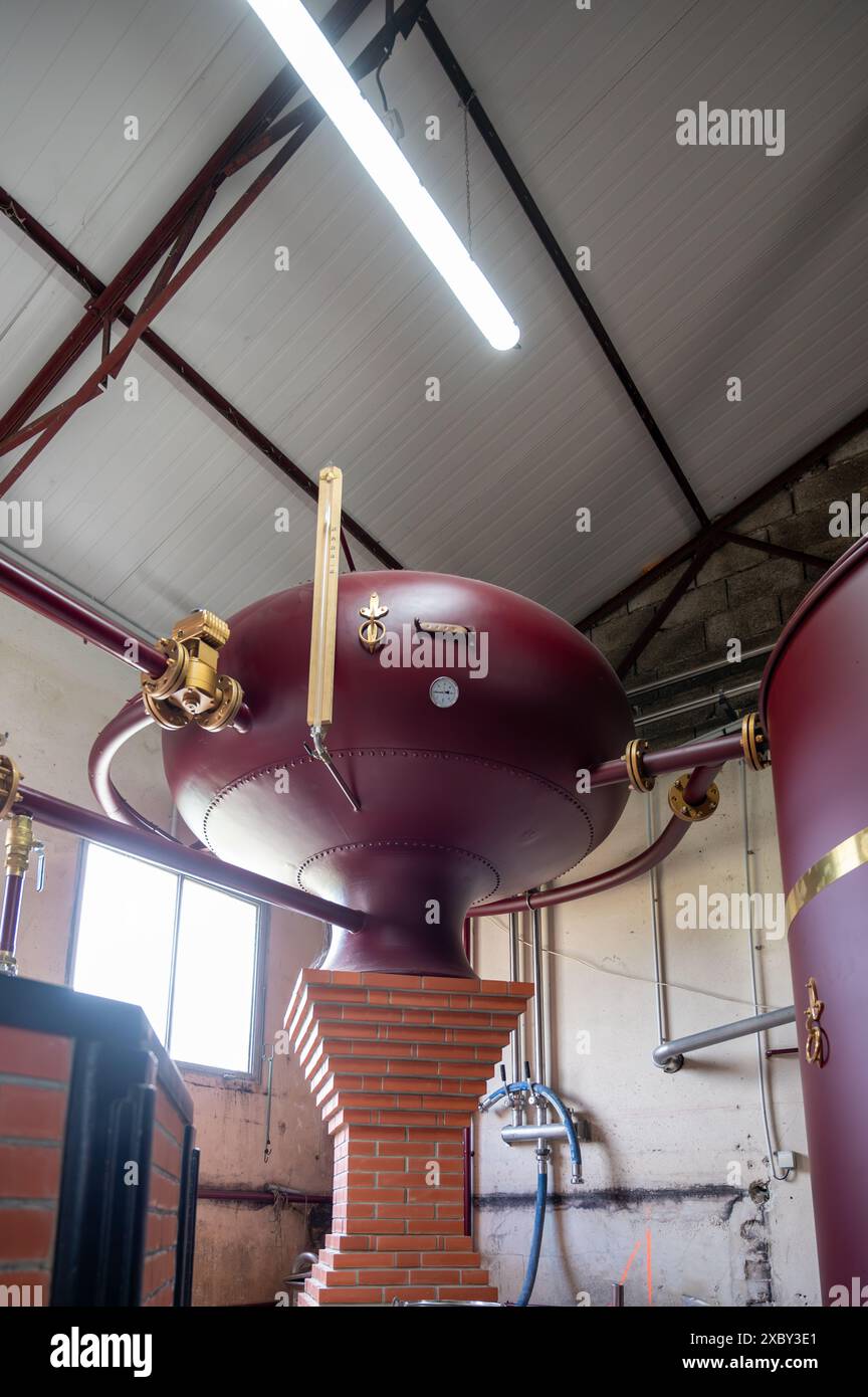 Double distillation process of cognac spirits in Charentias copper ...