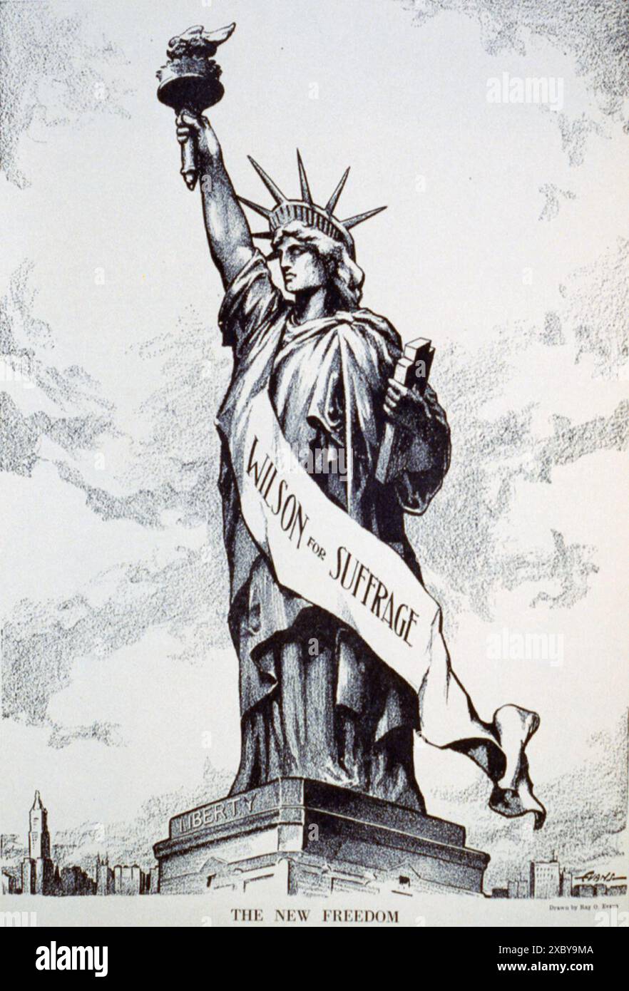 A black and white caricature of the Statue of Liberty holding a banner ...