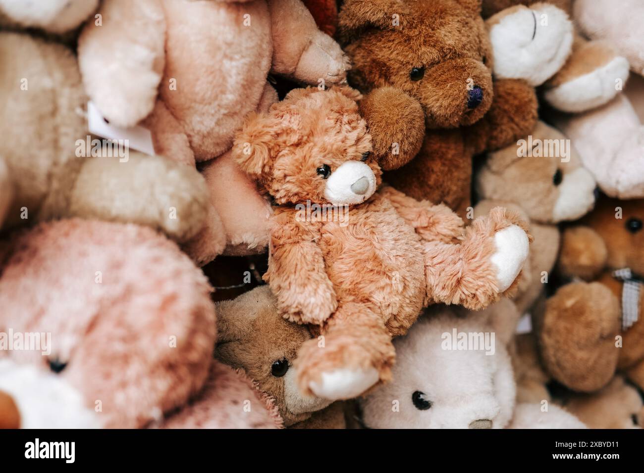 Teddy bears toys background in brown, white, beige and gray shades ...