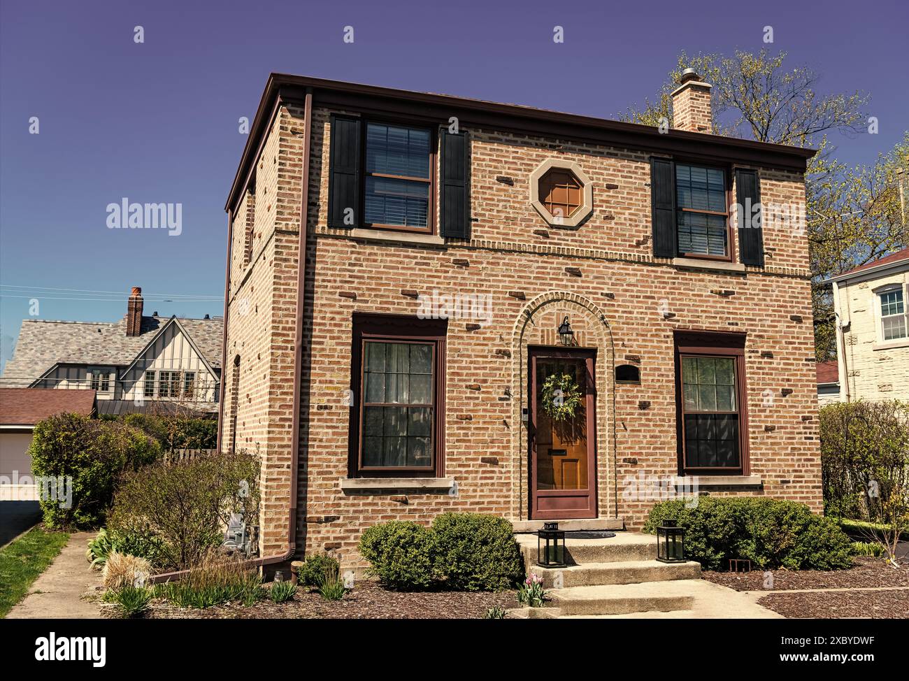 cottage village. Exterior of a suburban cottage in neighborhood ...