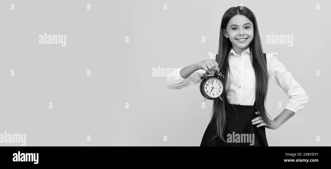 last chance. punctual teen girl checking time. cheerful child with ...