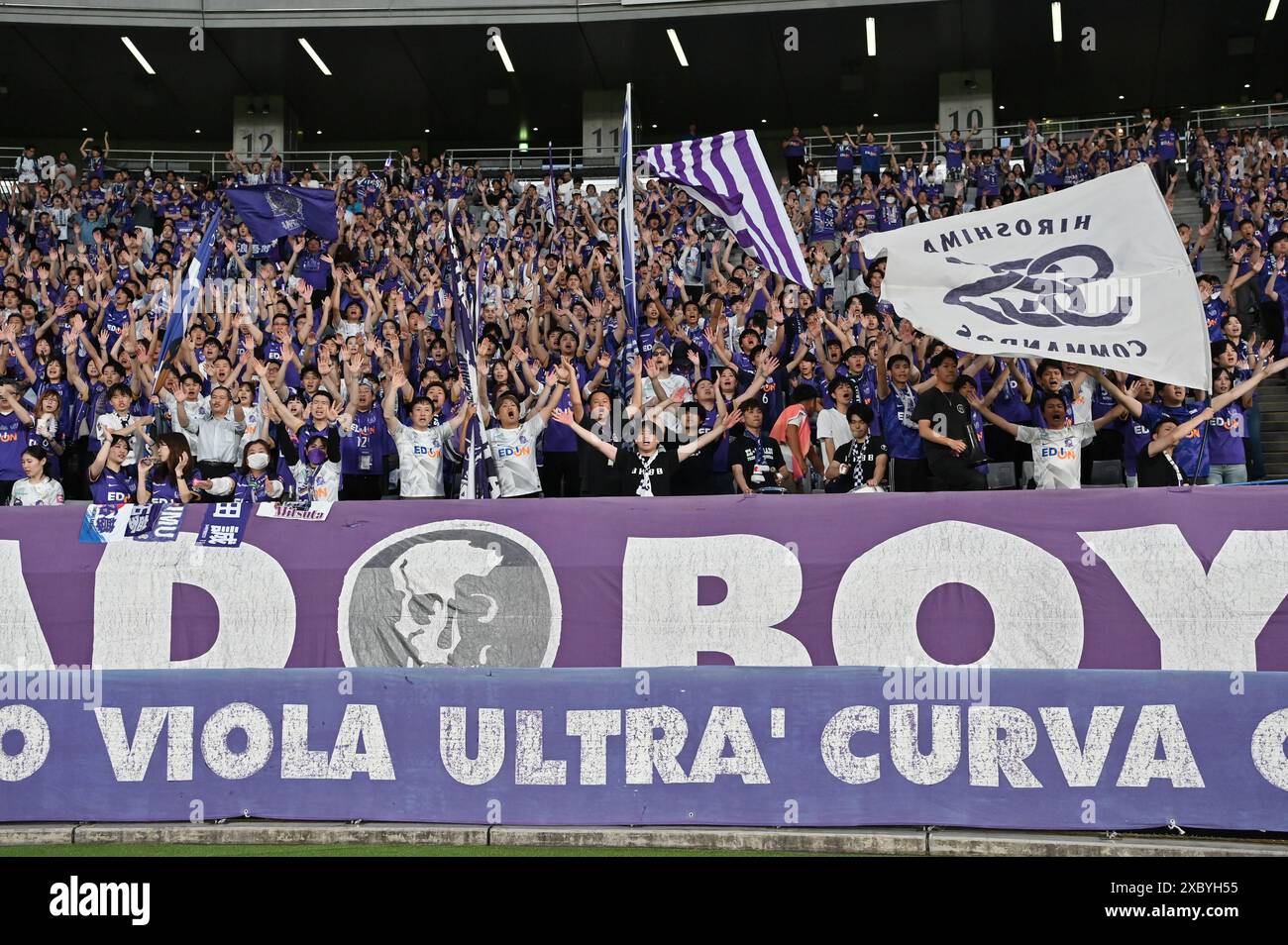 Sanfrecce Hiroshima fans cheer before the 2024 J.League YBC Levain Cup Playoff round 1st leg ...