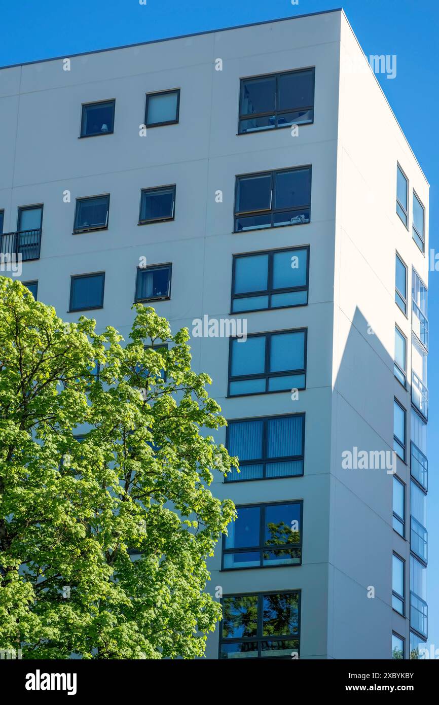 High rise building with apartments and a lush green tree Stock Photo ...