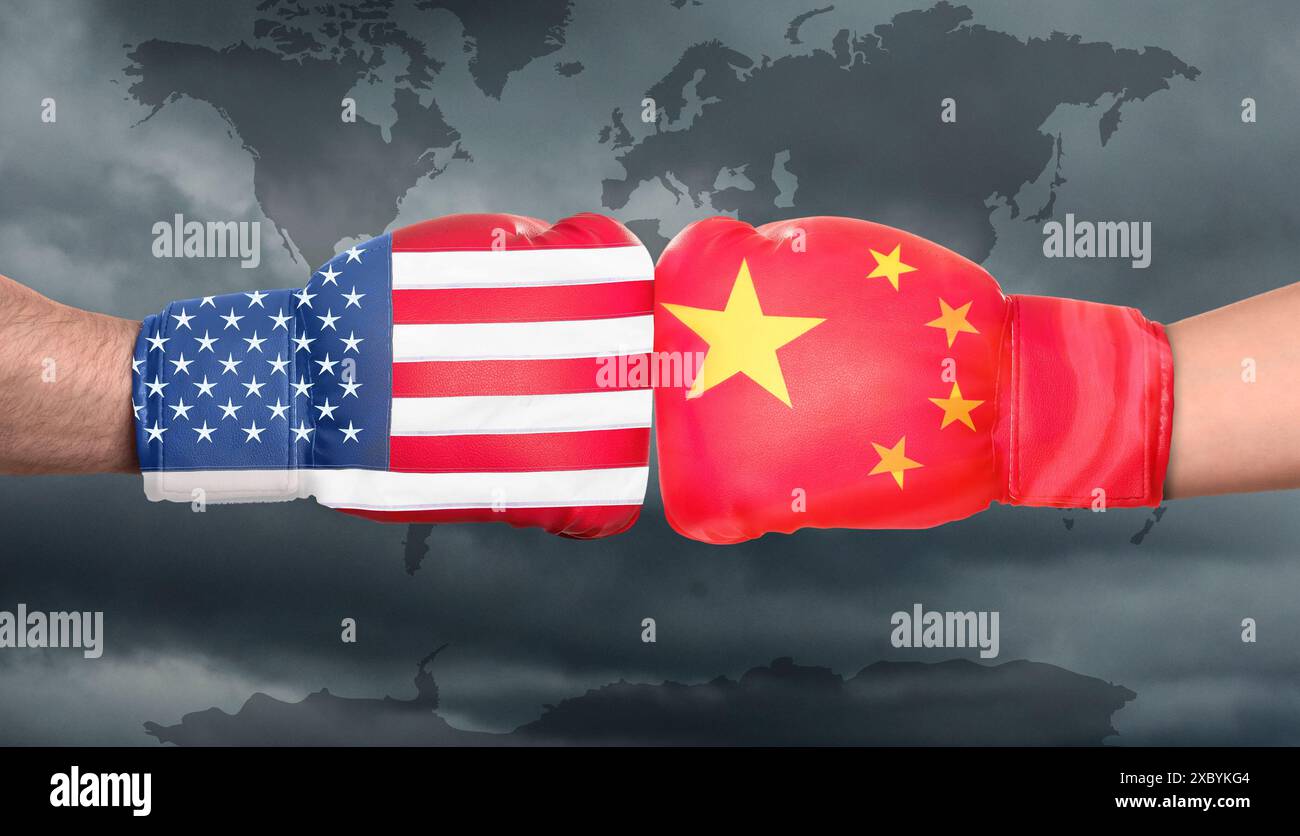 Political conflict, banner design. Men in boxing gloves with flags of ...