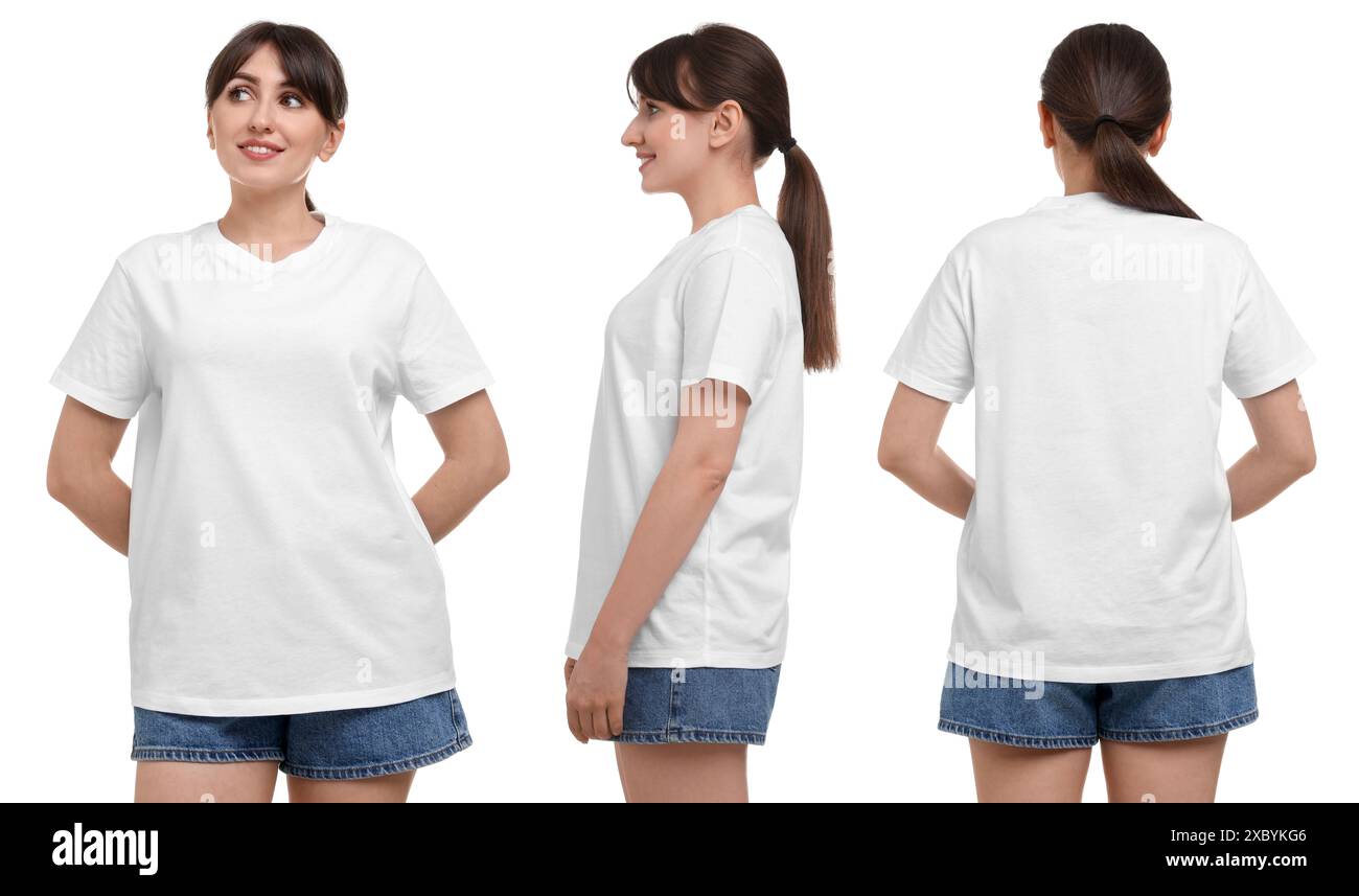 Woman wearing white t-shirt on white background, collage of photos ...