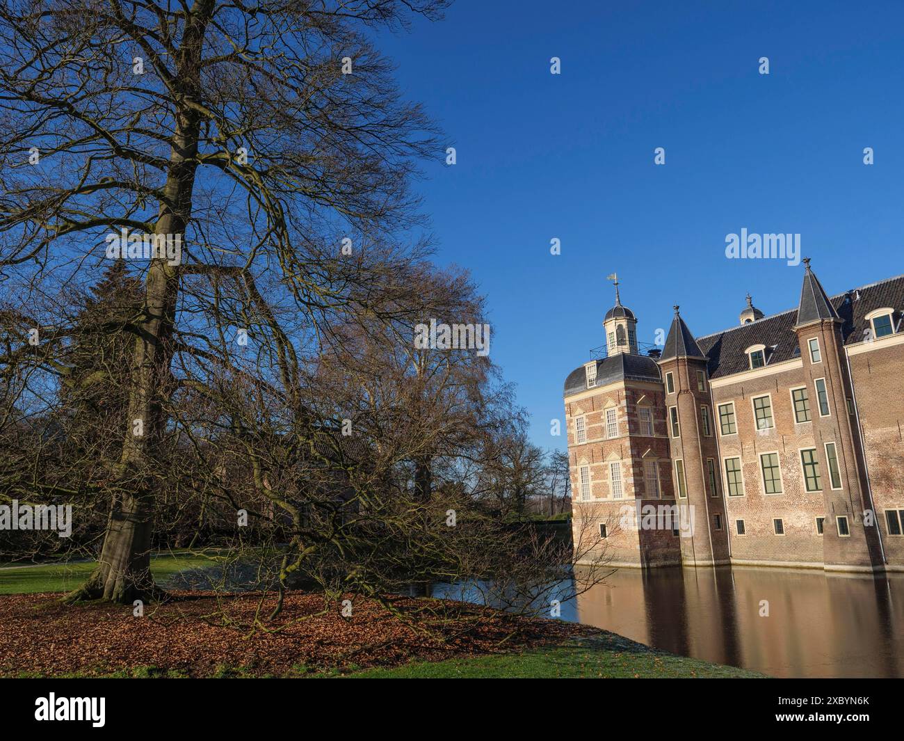 A historic castle with a moat, surrounded by large trees and a blue sky ...