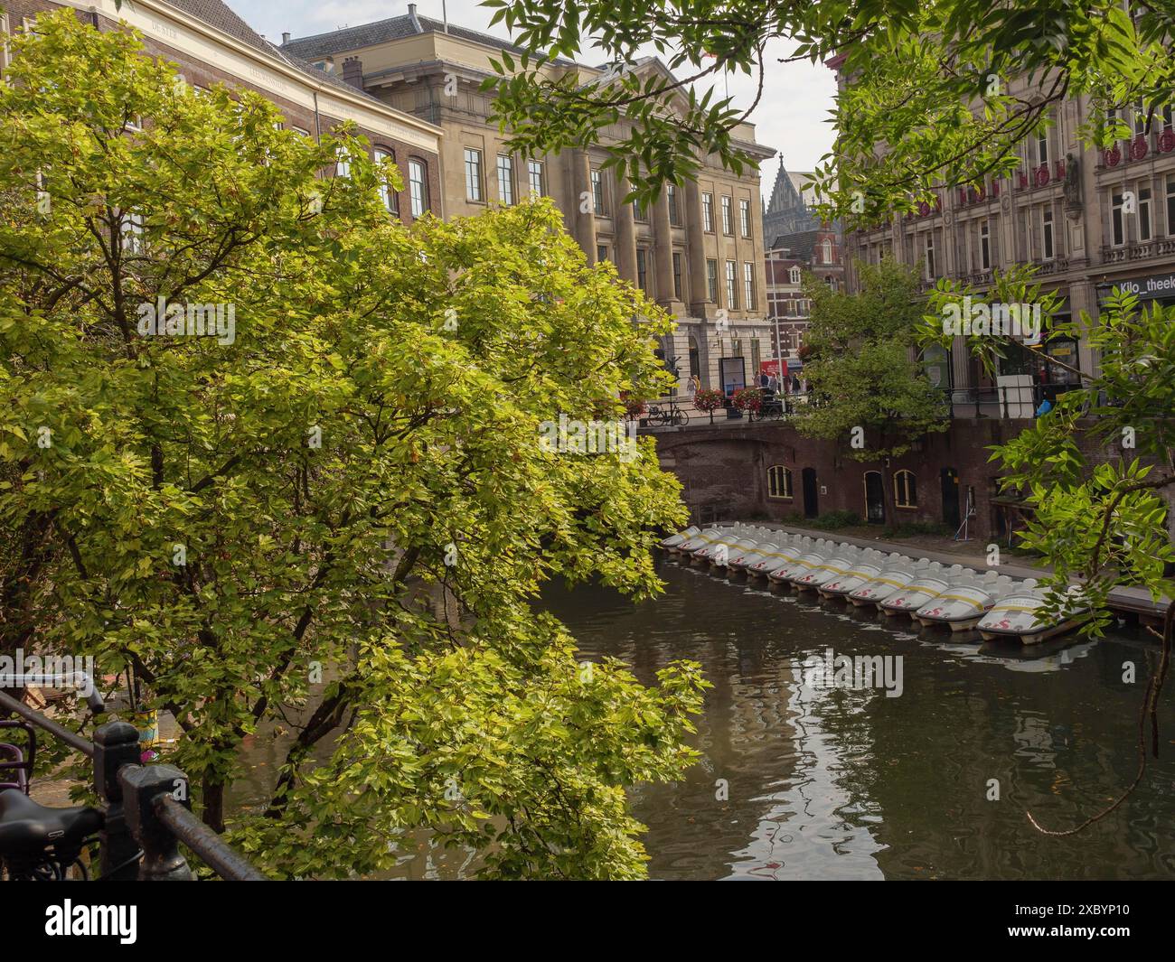 Lush green trees frame a canal scene lined with historic buildings and ...