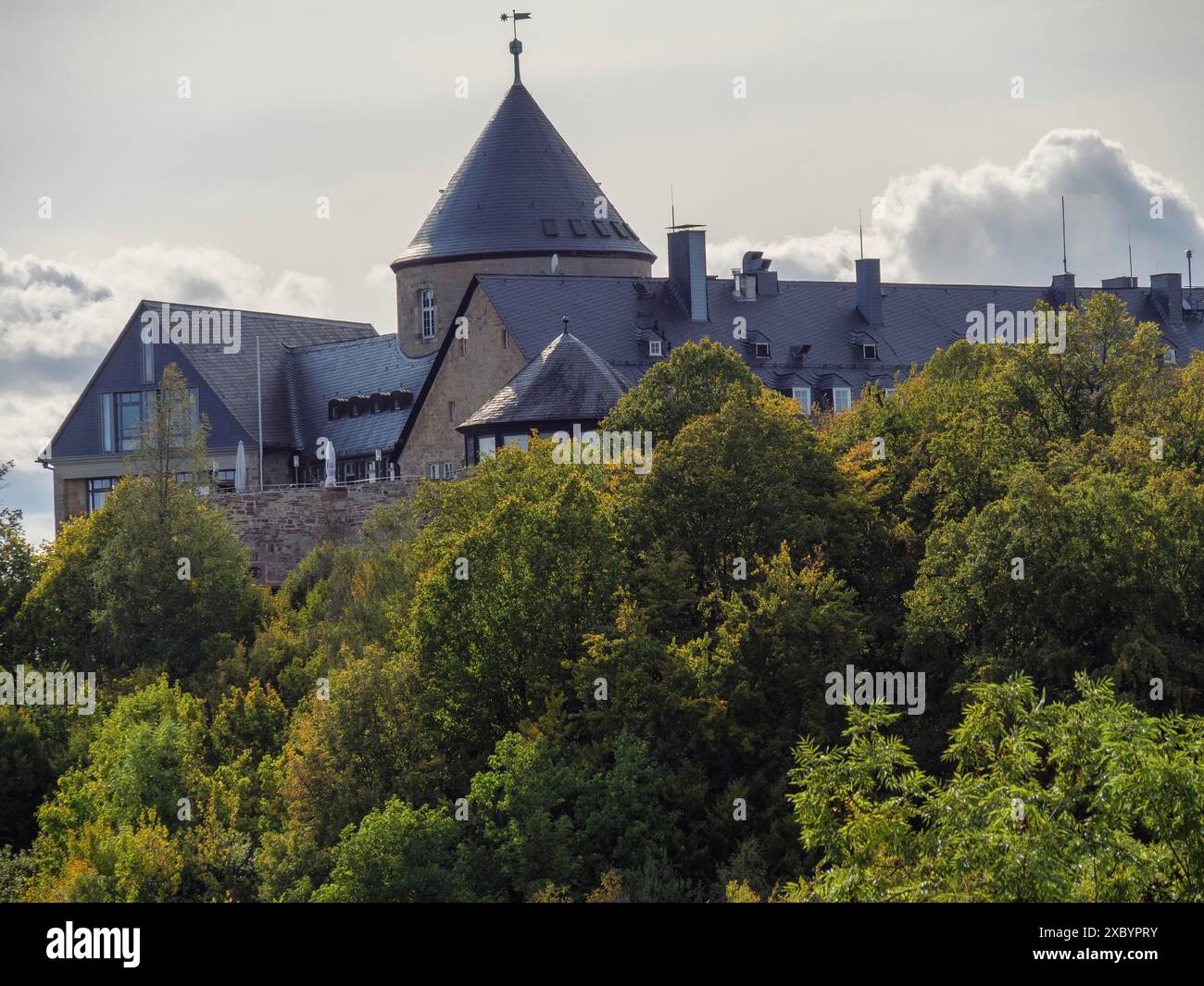A historic castle towers over wooded hills, with a mix of nature and ...