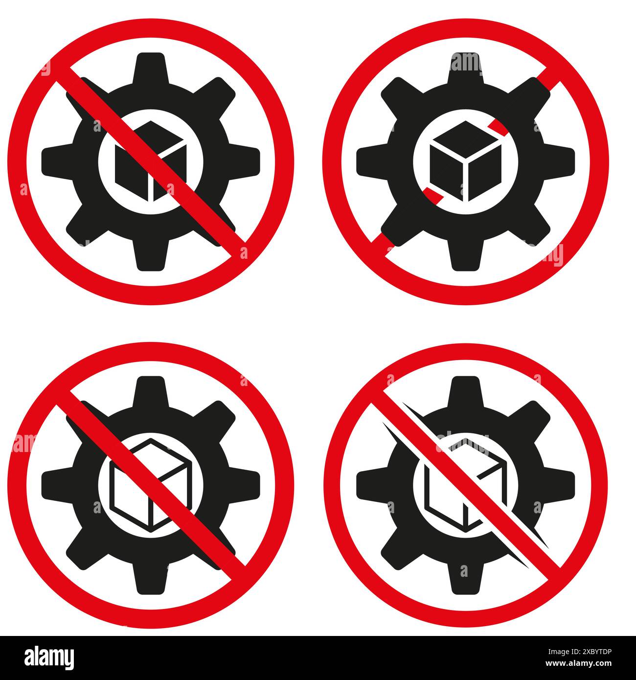 Prohibited gear icons. Black and red vector designs. Four different ...