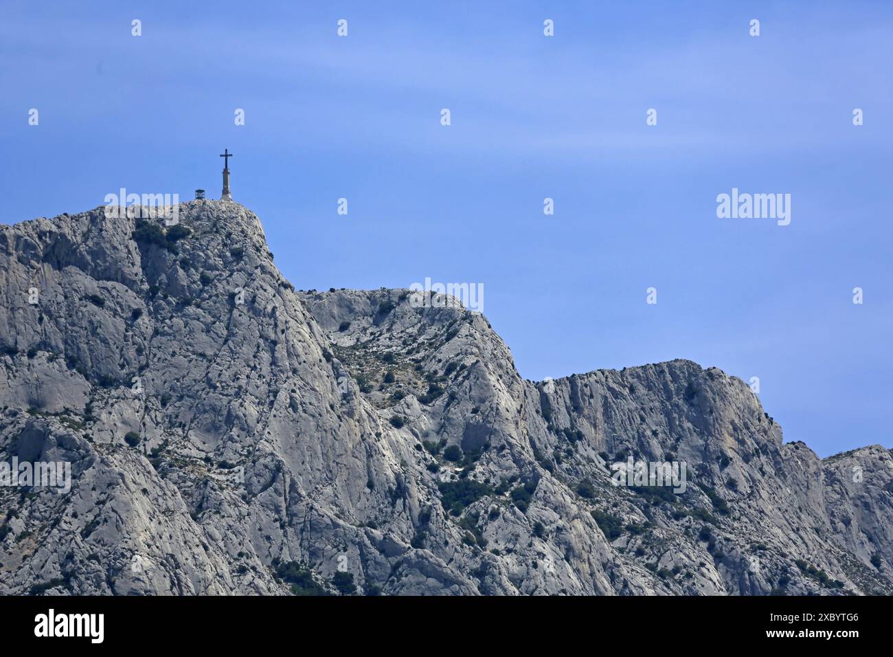 Croix de Provence summit 946m with summit cross, mountains, rock massif ...