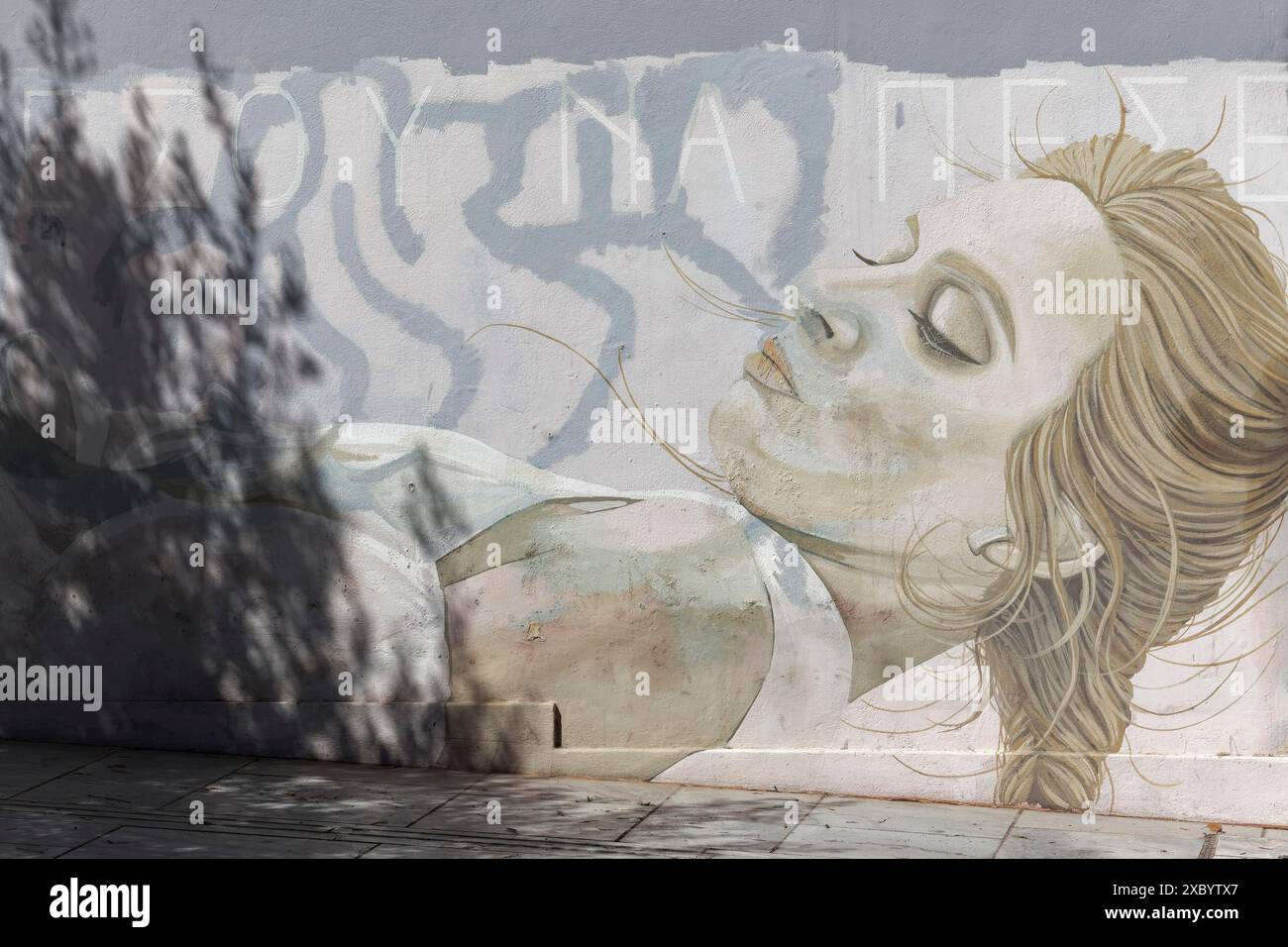 Sleeping woman, lying on her back, graffiti, street art, old town Plaka ...
