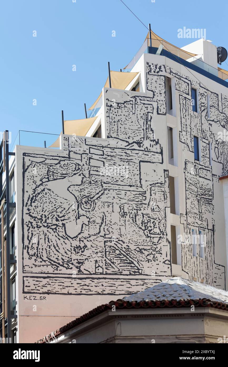 Scene with classical female figure, mural in black and white by Greek ...