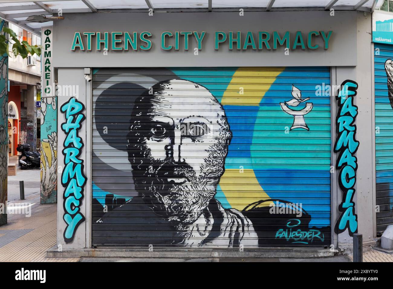 Portrait of Hippocrates, painted on the shutter of a pharmacy, graffiti ...