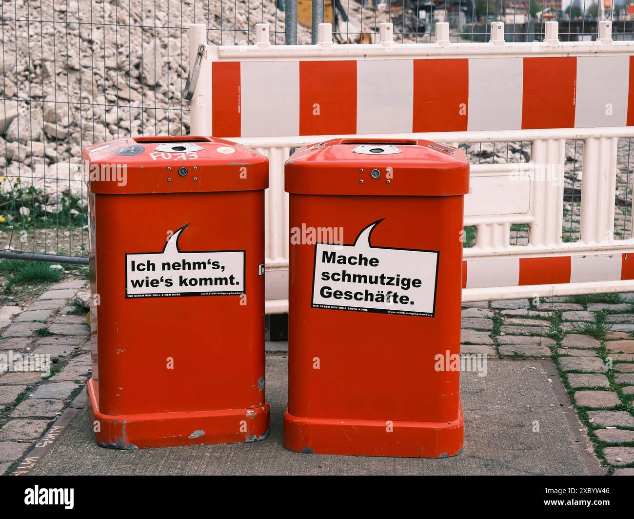 Rubbish bin with funny slogans in Hamburg harbour, Hanseatic City of ...