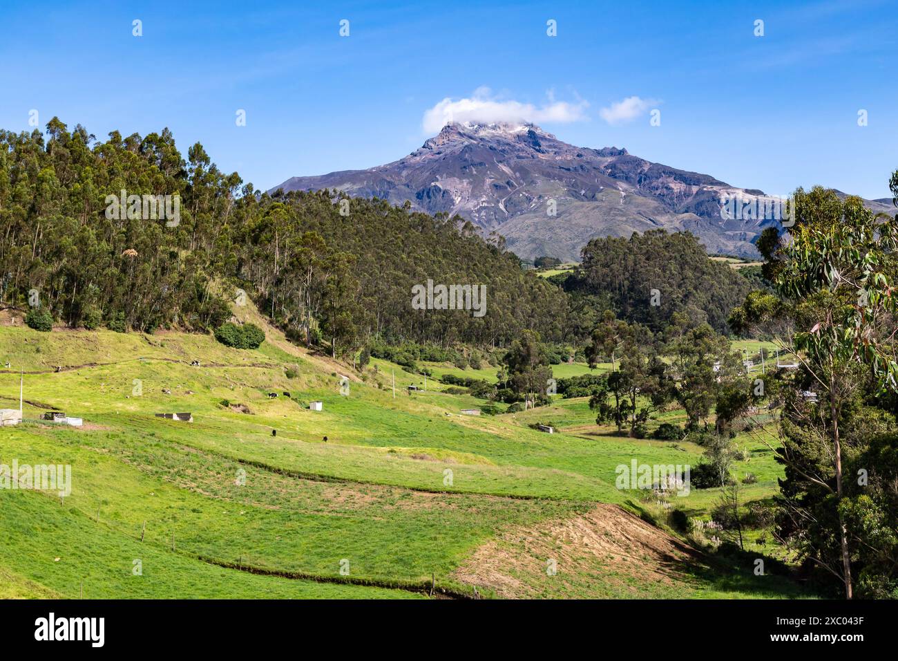 Ilinizas Volcano, Andean landscape with its crop fields and mountains ...
