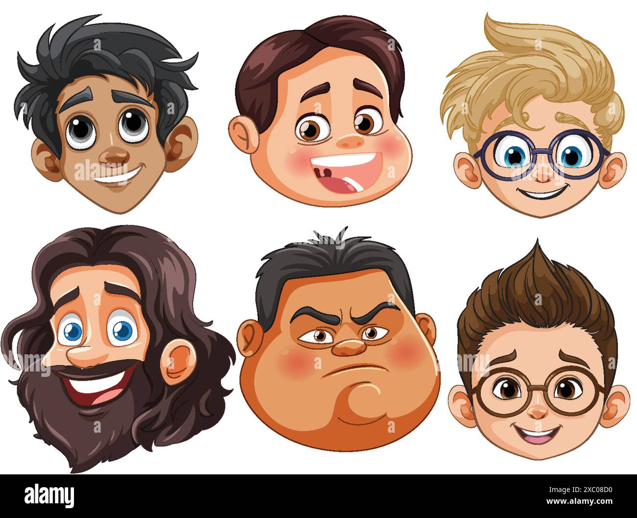 Six unique cartoon character faces with various expressions Stock ...