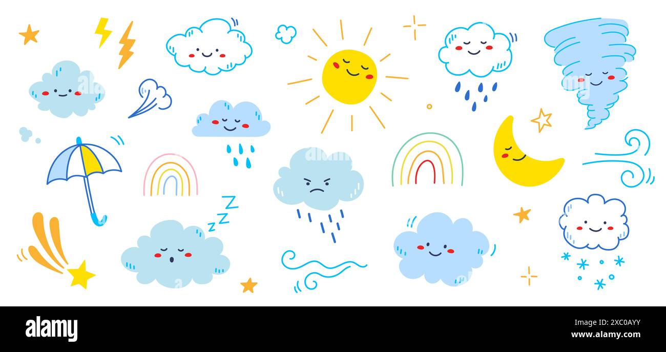 Cloud rain weather cartoon cute set. Cloud, sun, moon weather character ...
