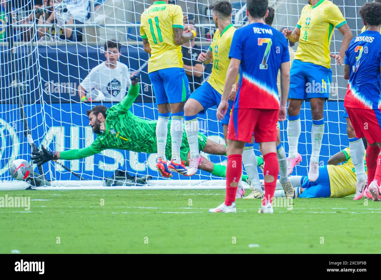 Orlando, Florida, June 12, 2024, Brazil goalkeeper Allison #1 attempt ...