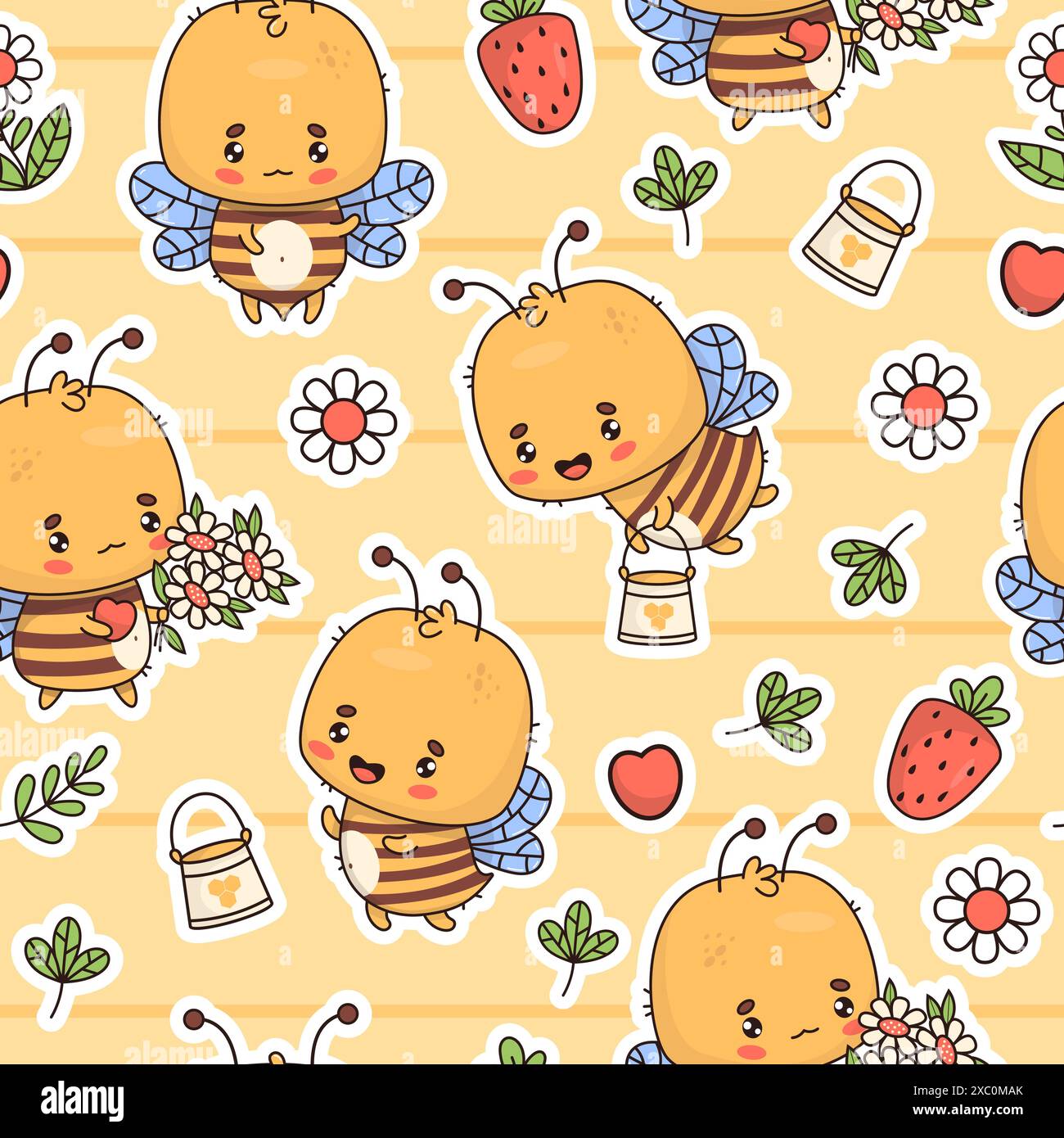 Seamless pattern with cute bees stickers with flowers, strawberries and ...