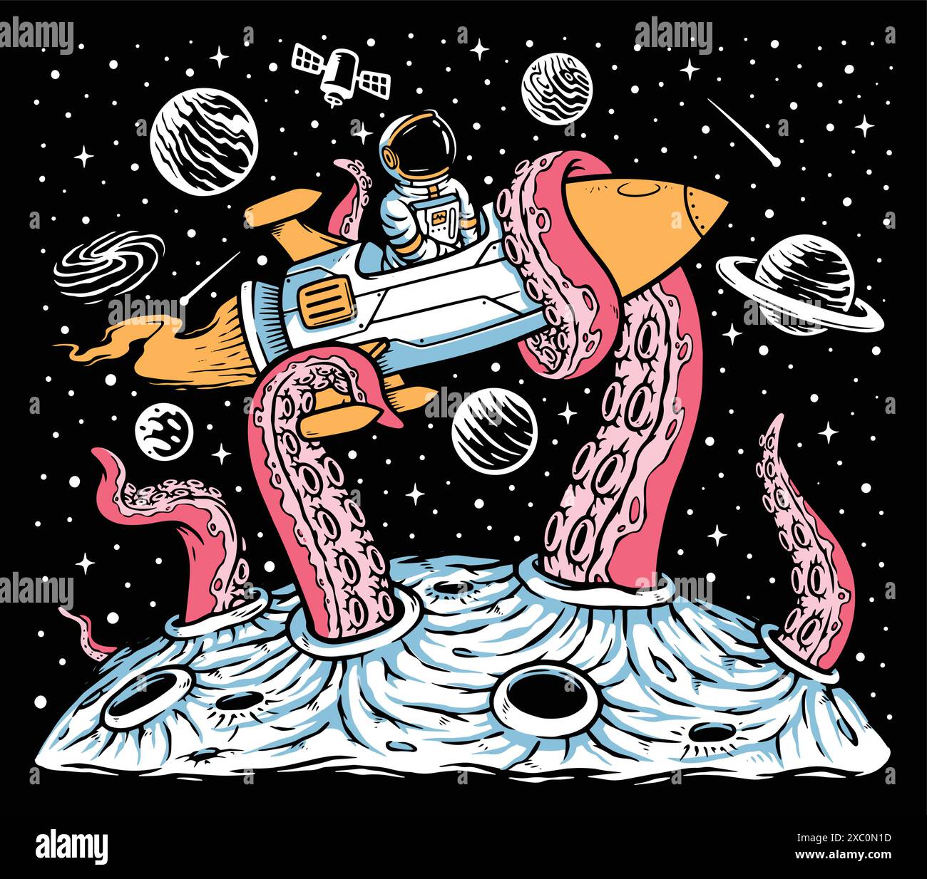 Monsters attack astronaut rocket in space illustration Stock Vector ...