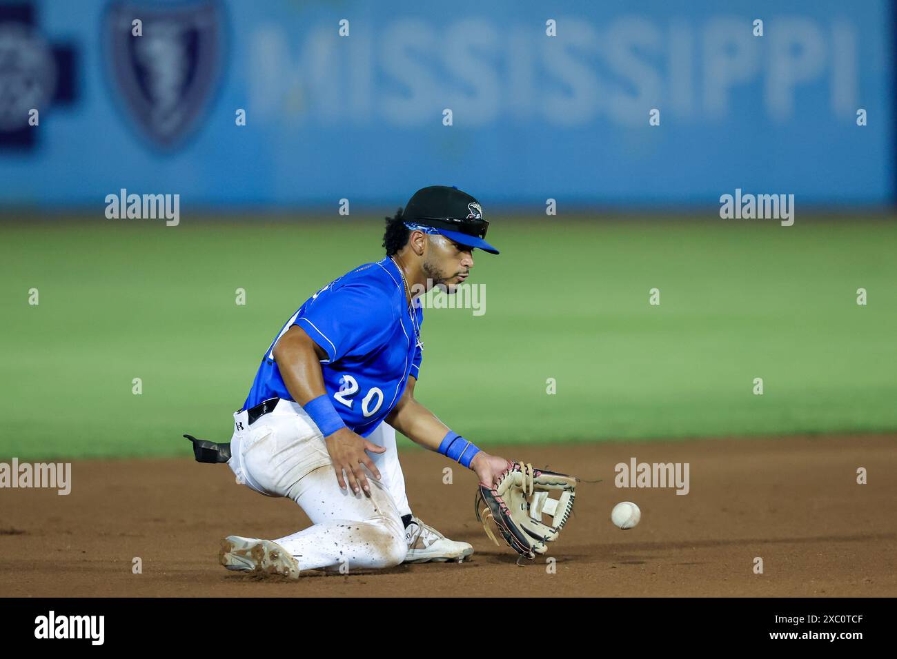 June 13, 2024: Biloxi Shuckers infielder Eric Brown Jr. (20) fields a ...