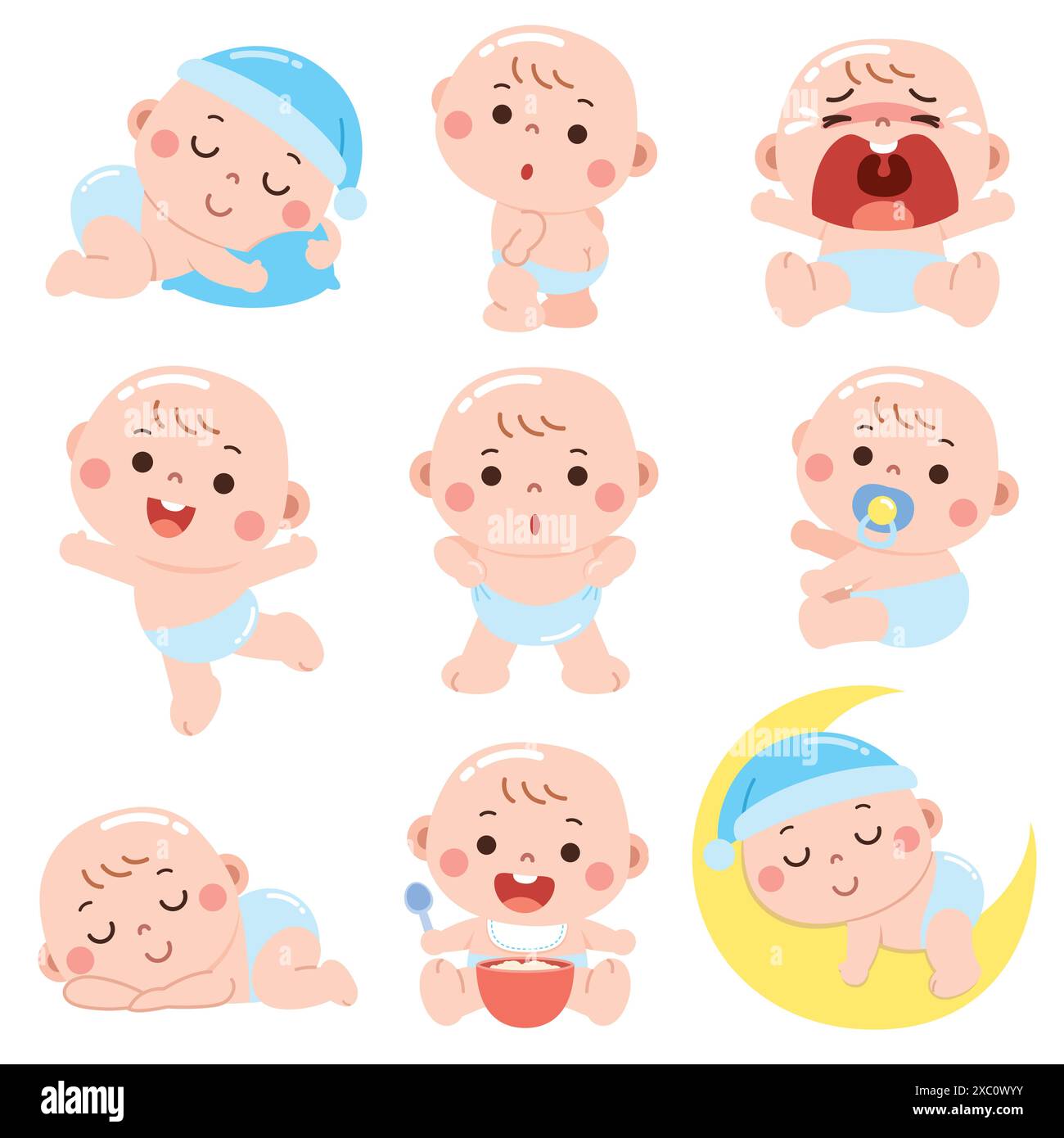 A delightful cartoon-style illustration featuring a baby in various ...