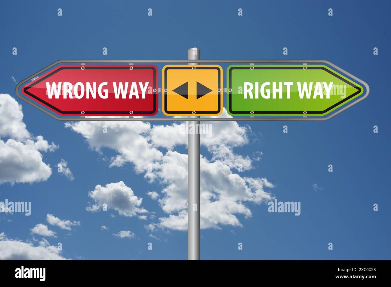Direction Wrong Way Right way signpost set against a backdrop of the ...