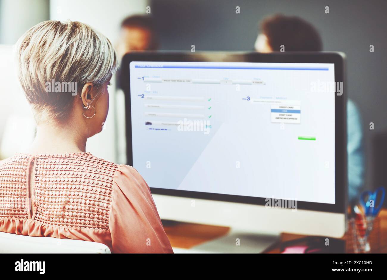 Woman, back and internet with computer in office for administrative ...