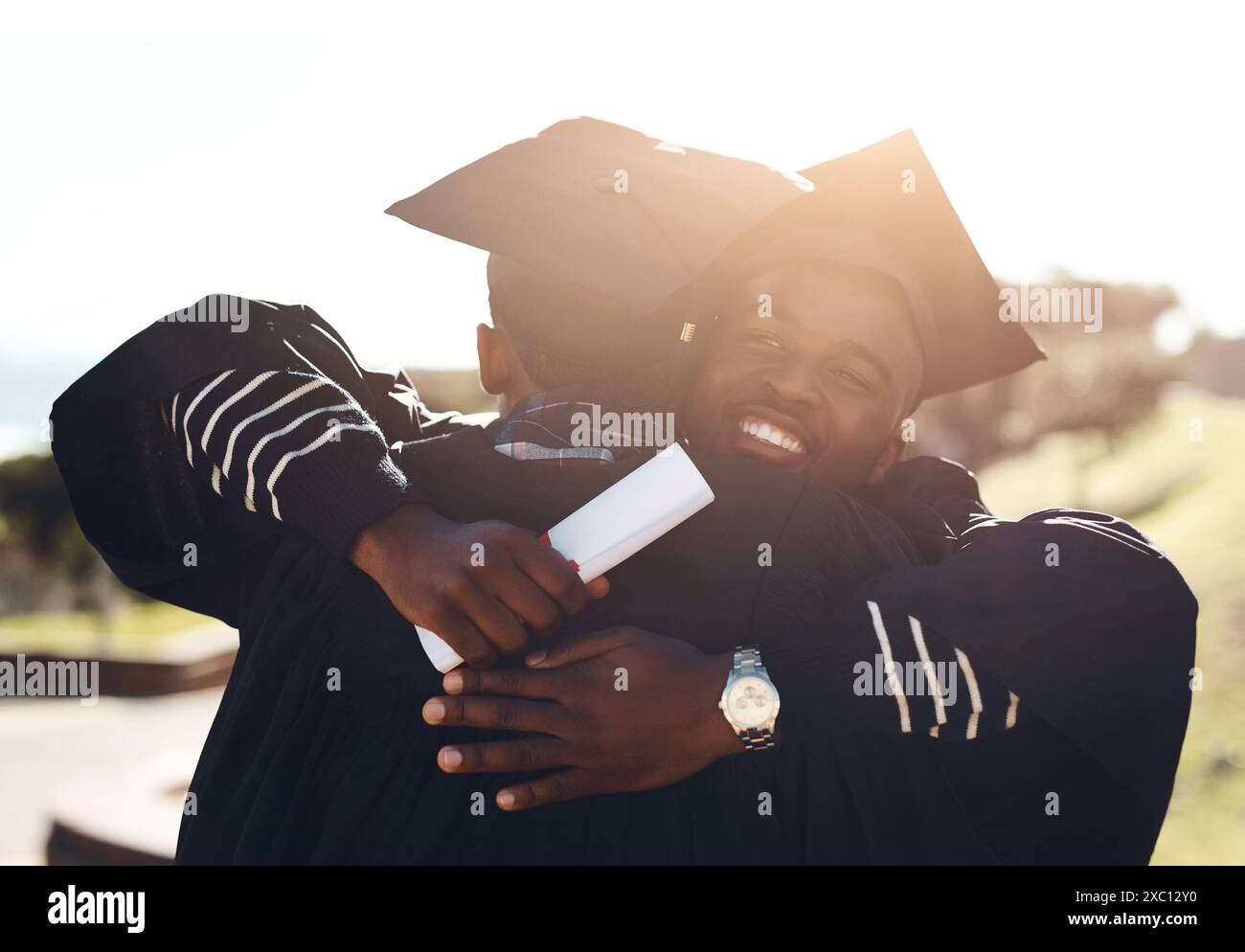 Graduation, hug and students with diploma from college for success ...