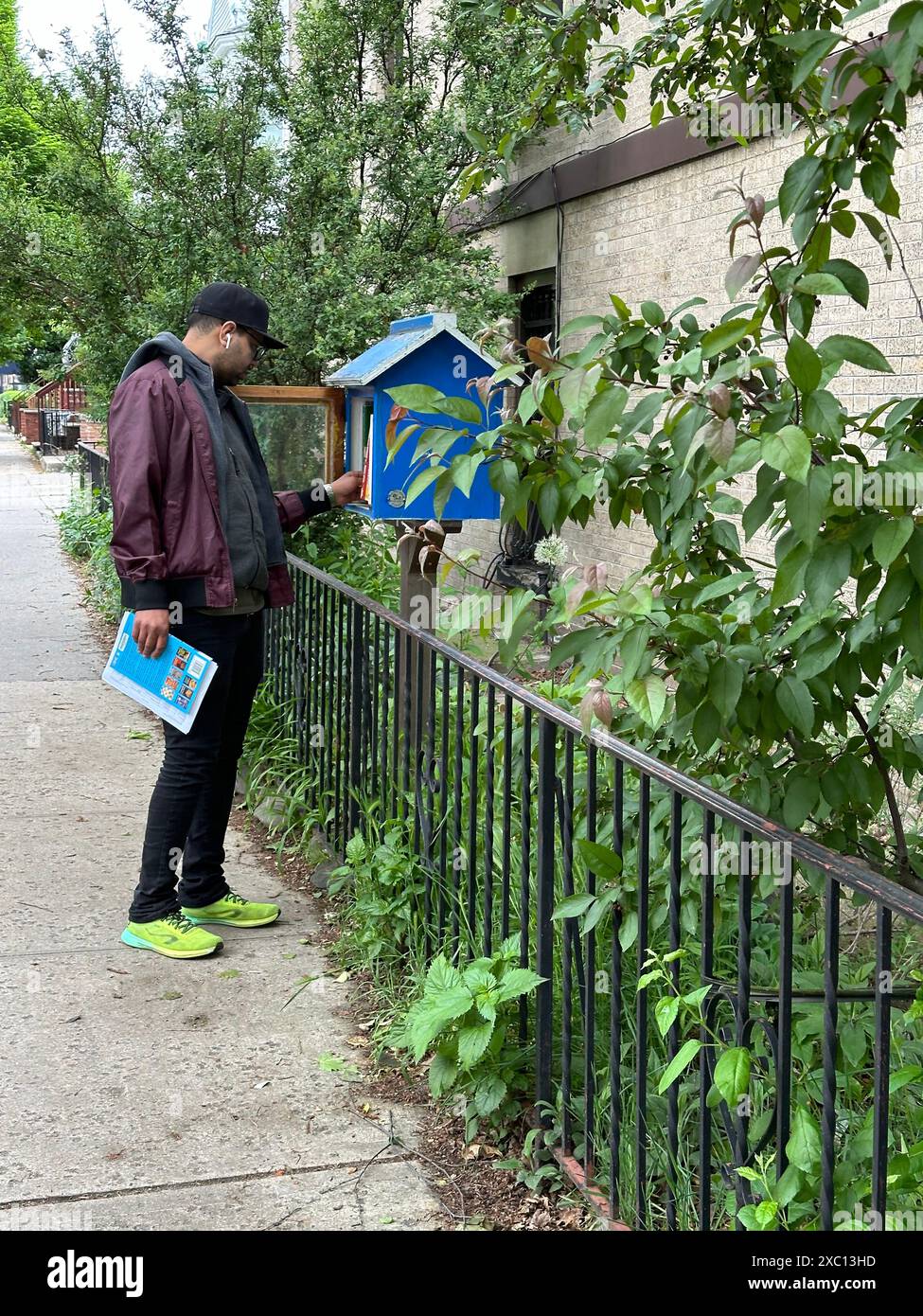Man choosing book from Little Free Library book-sharing box in the ...