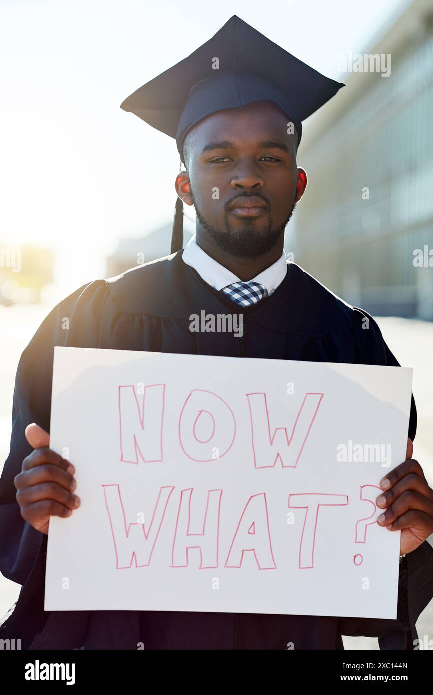 Graduation, portrait of black man with poster at university for ...