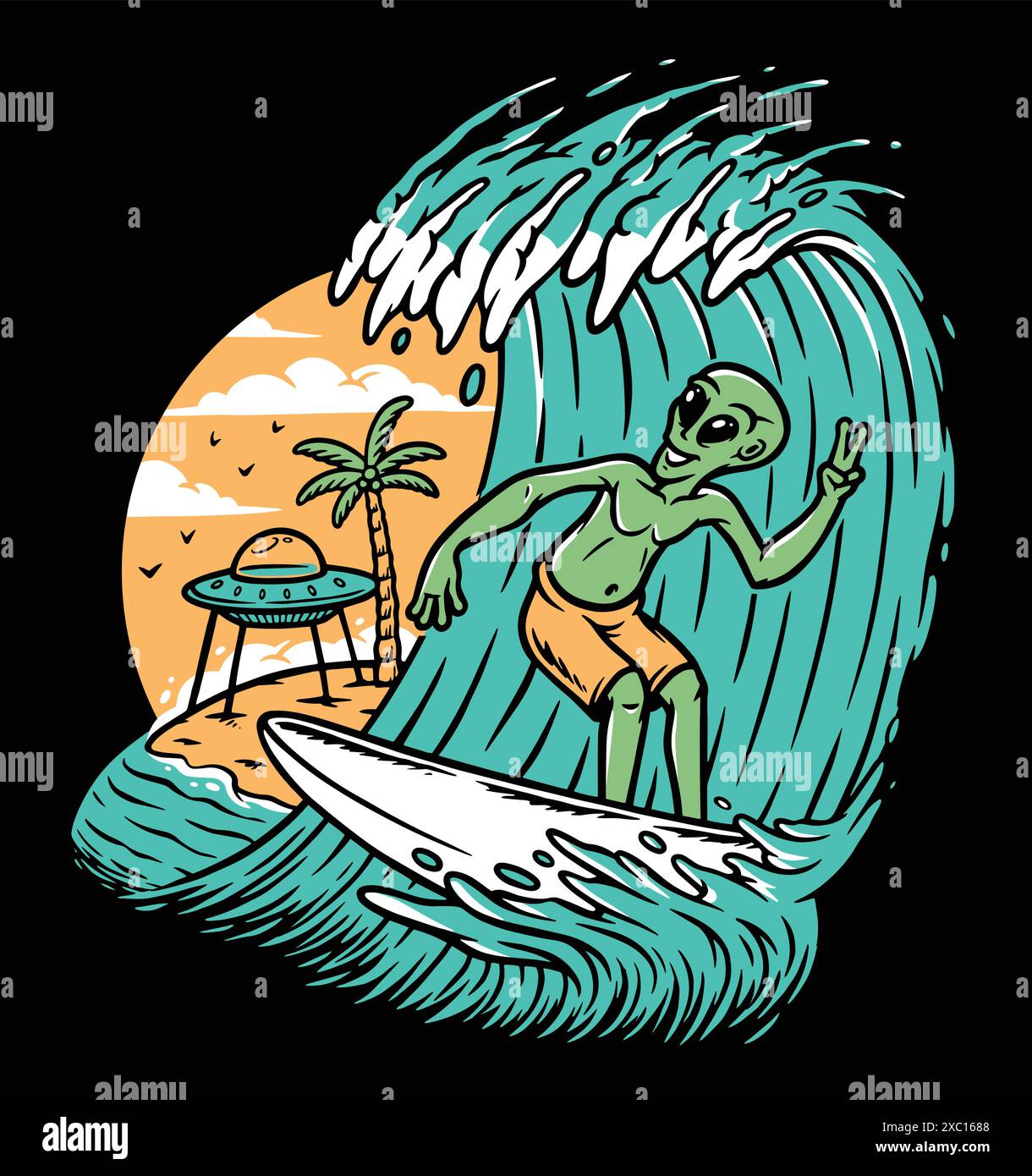 Aliens surfing on the beach illustration Stock Vector Image & Art - Alamy