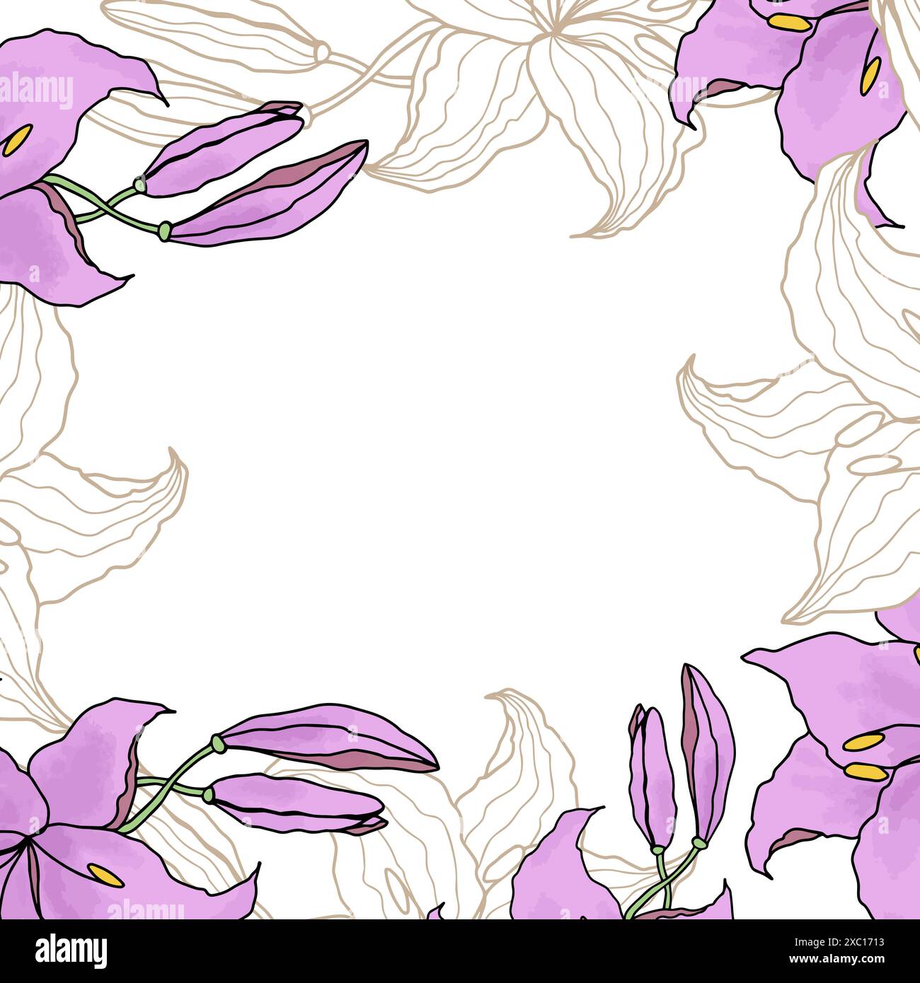 Lilly line art and watercolor flower banner for wedding card or ...