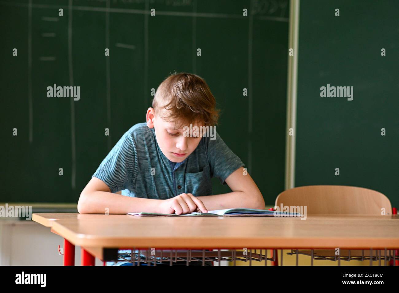 Young student is concentrating on his textbook at his desk in the ...
