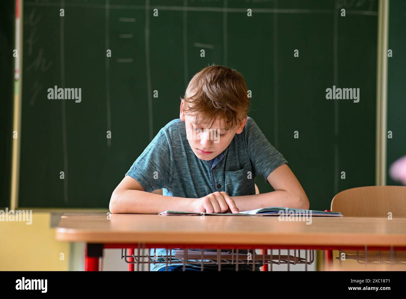 Young student is concentrating on his textbook at his desk in the ...