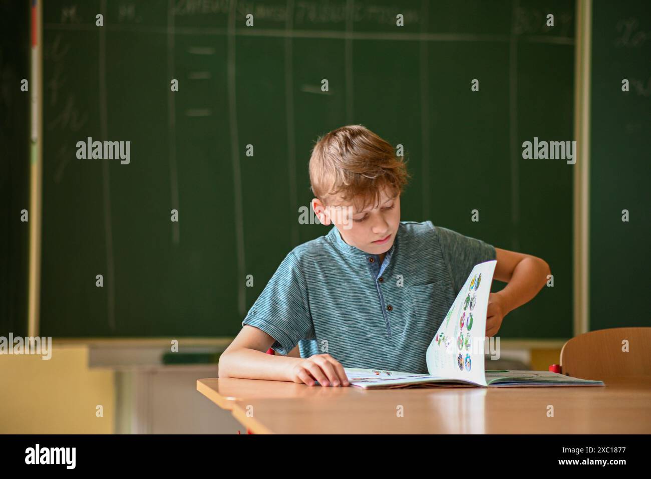 A schoolboy is reading a textbook while sitting at a desk in a ...