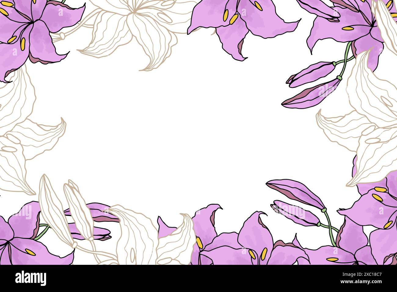 Lilly line art and watercolor flower banner for wedding card or ...