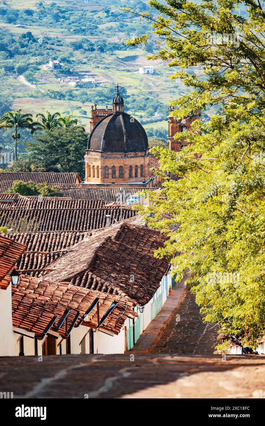 Narrow street of heritage town Barichara. Historic city in Santander ...