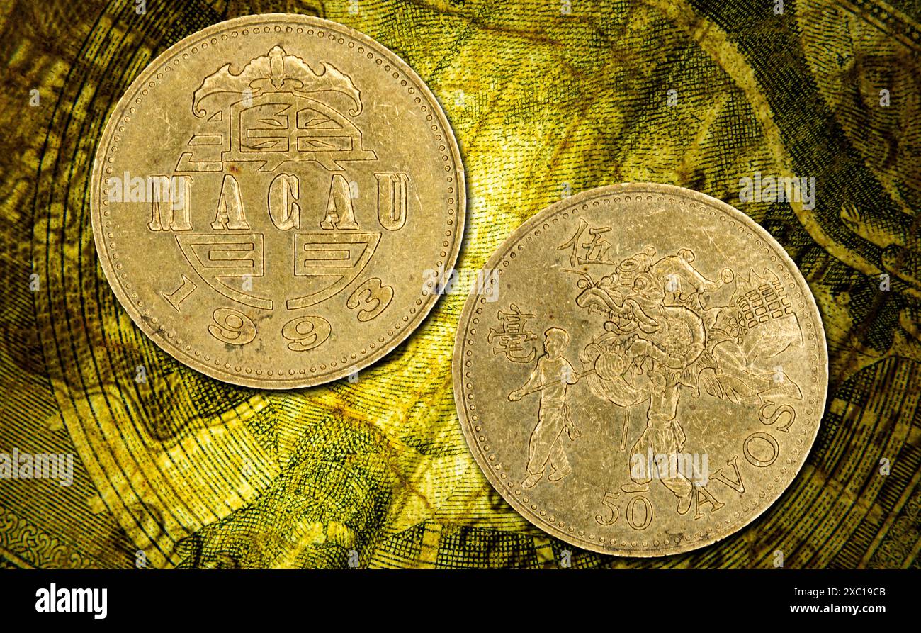 A close-up view of a Macau Pataca 50 avos coin with traditional Chinese ...